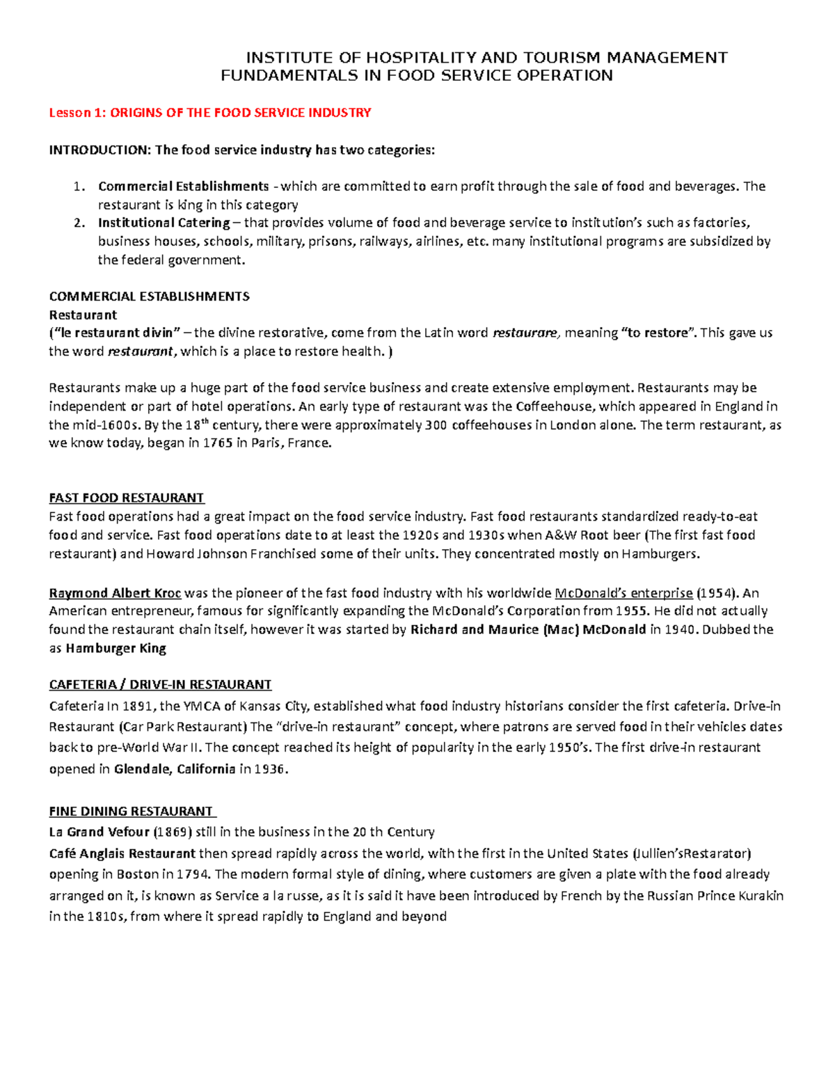 Lesson 1: Origins of the Food Service Industry (Fundamentals F&B) - Studocu