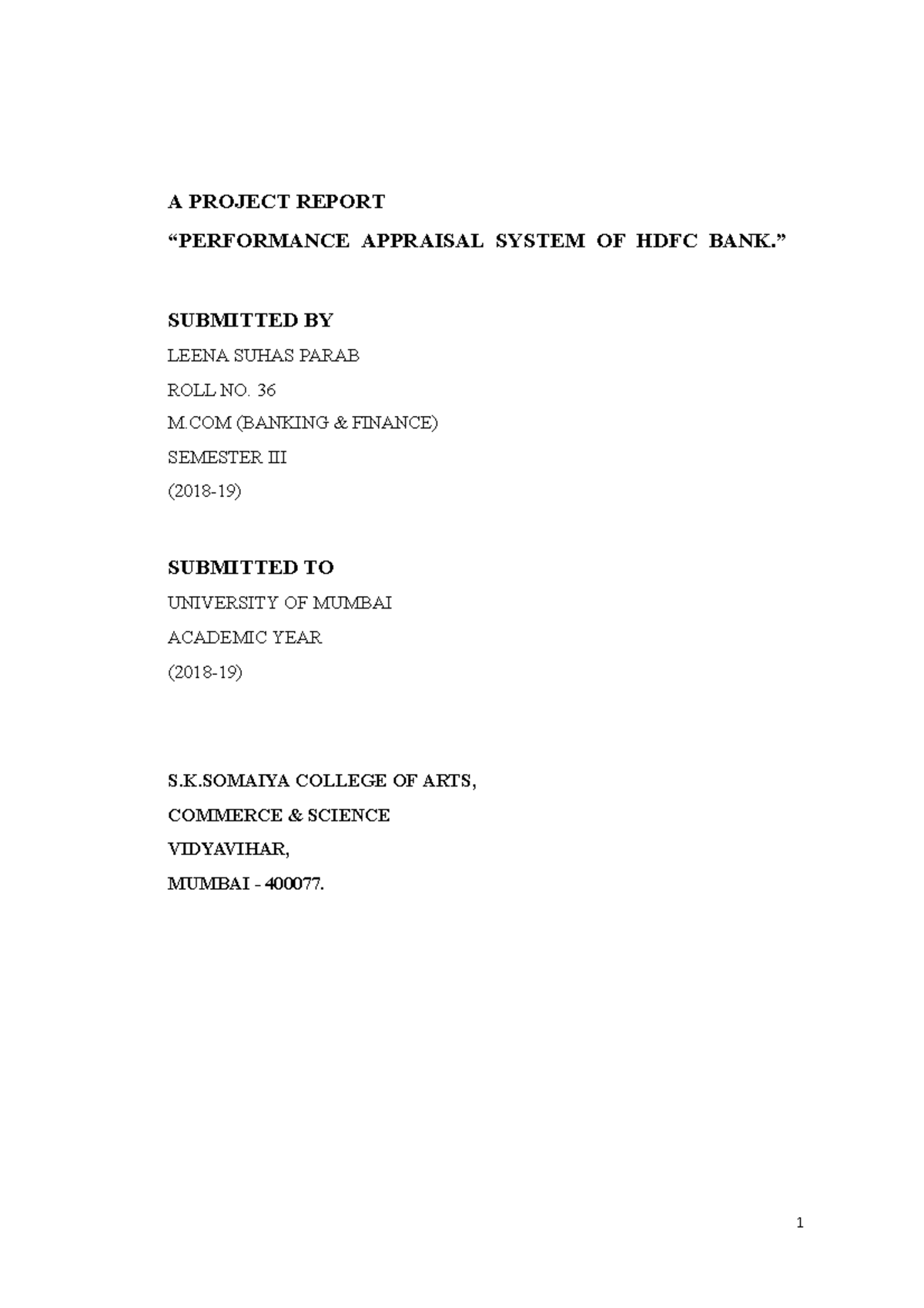 A project report performance appraisal system of hdfc bank - 1 A ...