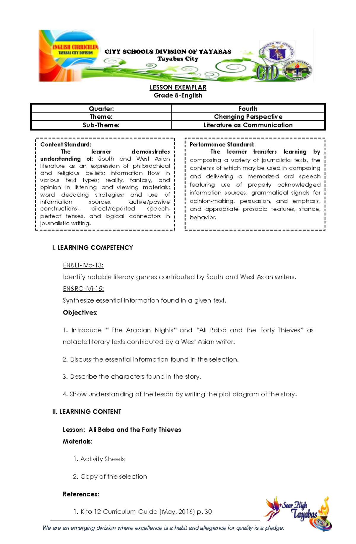 Grade 8 English Lesson Exemplar: Literary Analysis of "Ali Baba" and ...