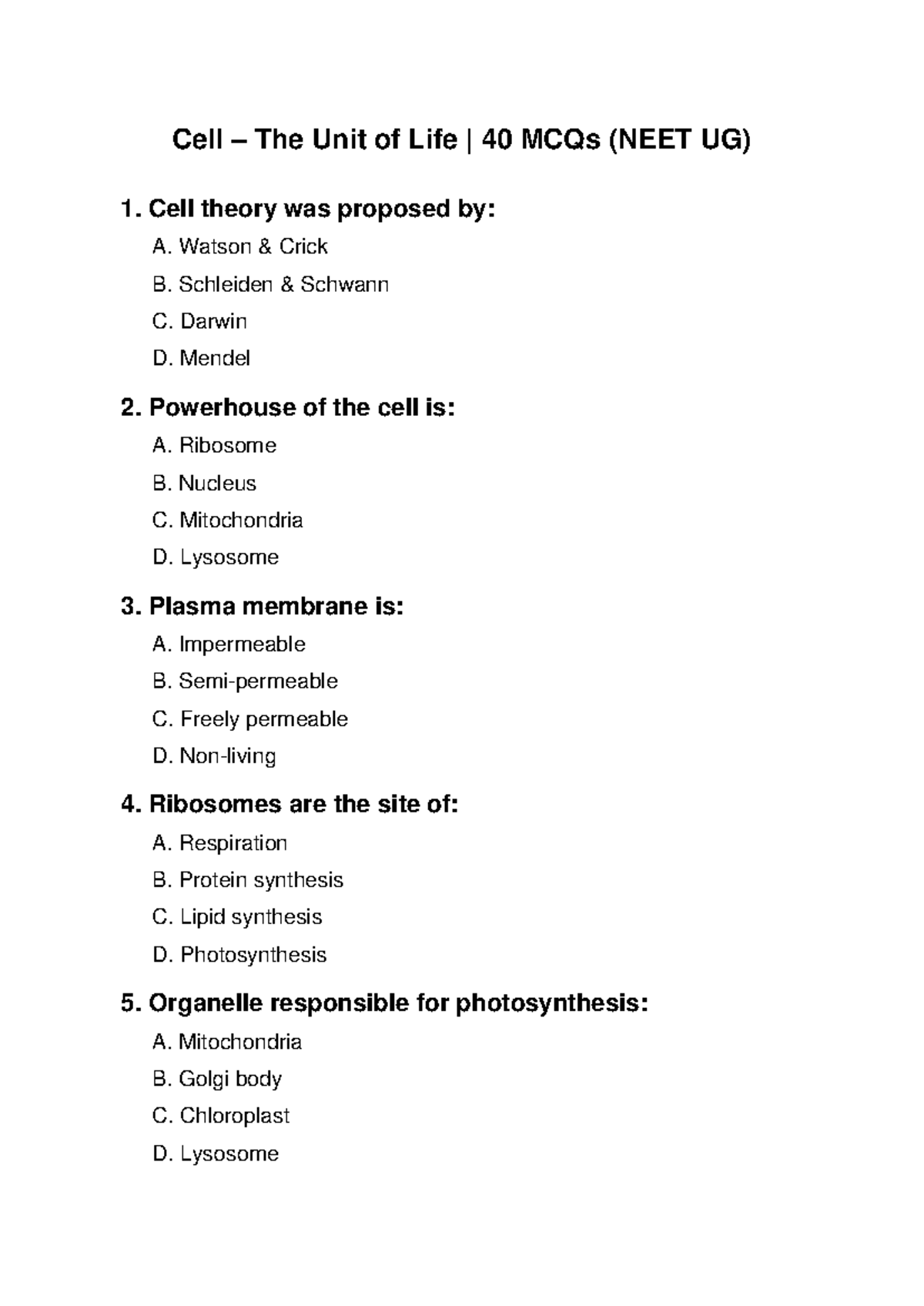Cell: The Unit of Life - 40 MCQs for NEET UG Exam - Studocu