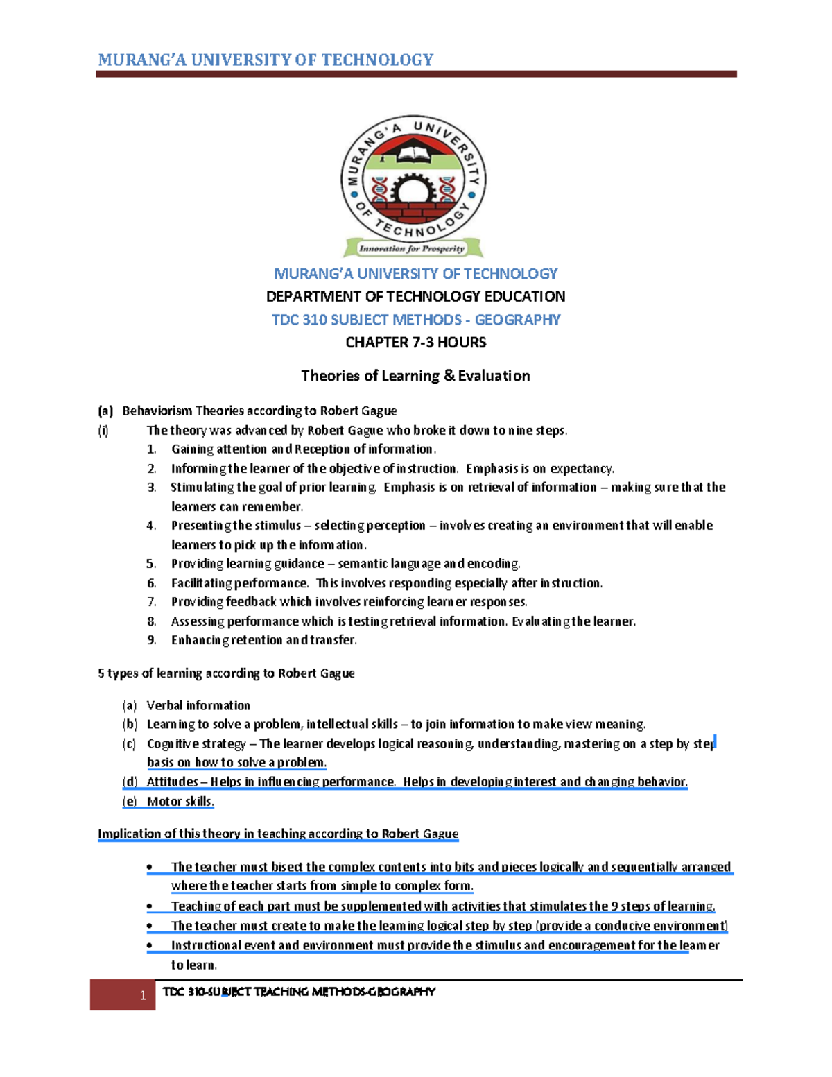MUT - Lecture Notes on Teaching Methods in Geography (TDC 310) - Studocu