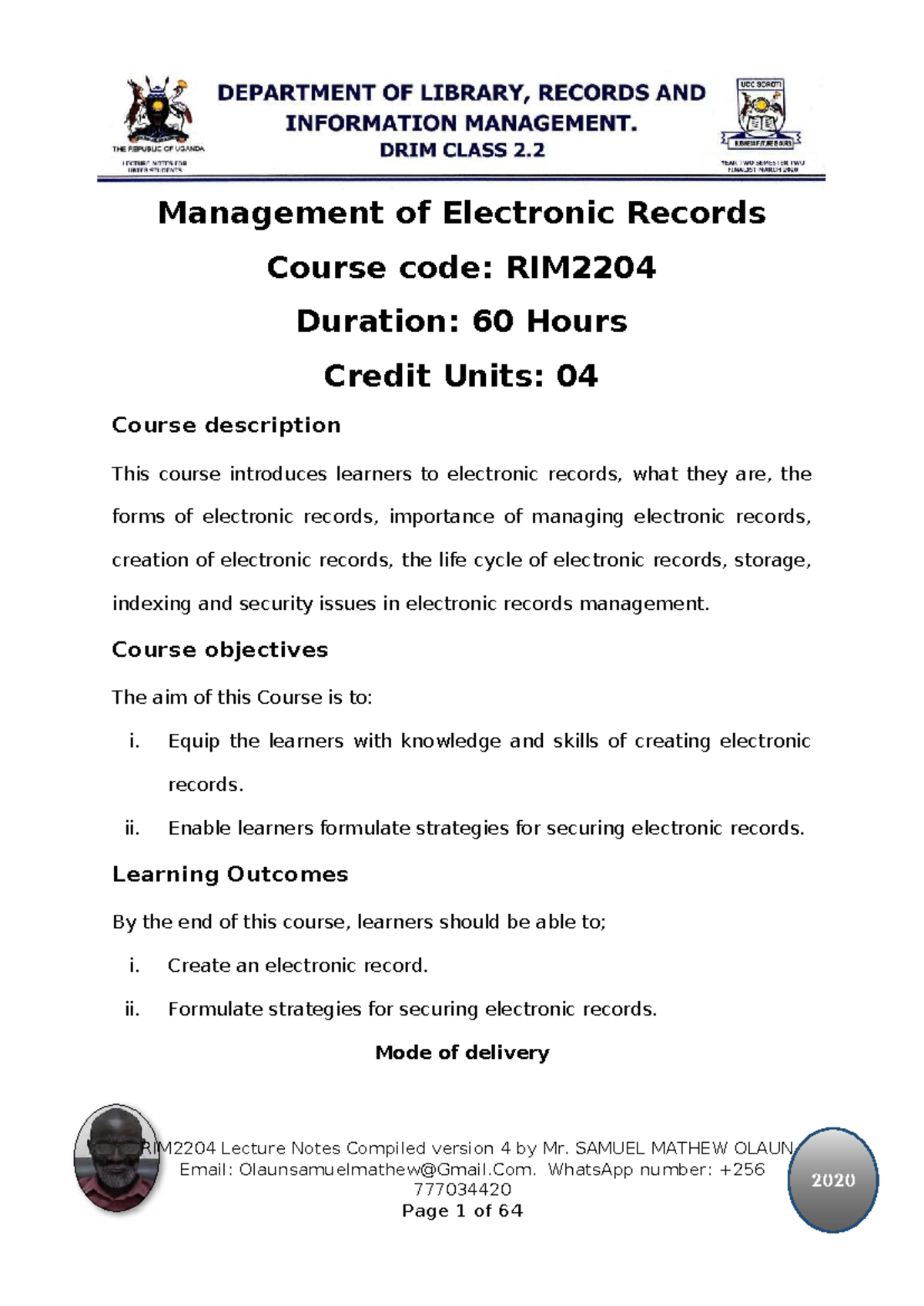 RIM2204 Lecture Notes: Management of Electronic Records Overview - Studocu