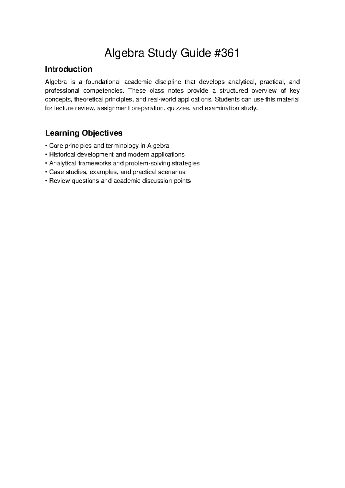 Algebra Class Notes 361: Comprehensive Study Guide for Mastery - Studocu