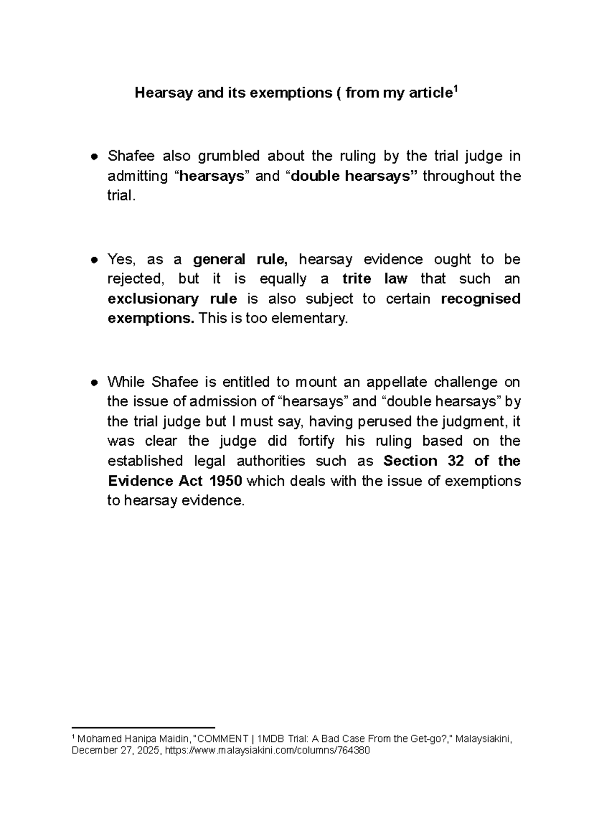 Hearsay Evidence and Its Exemptions in Najib's Trial Analysis - Studocu