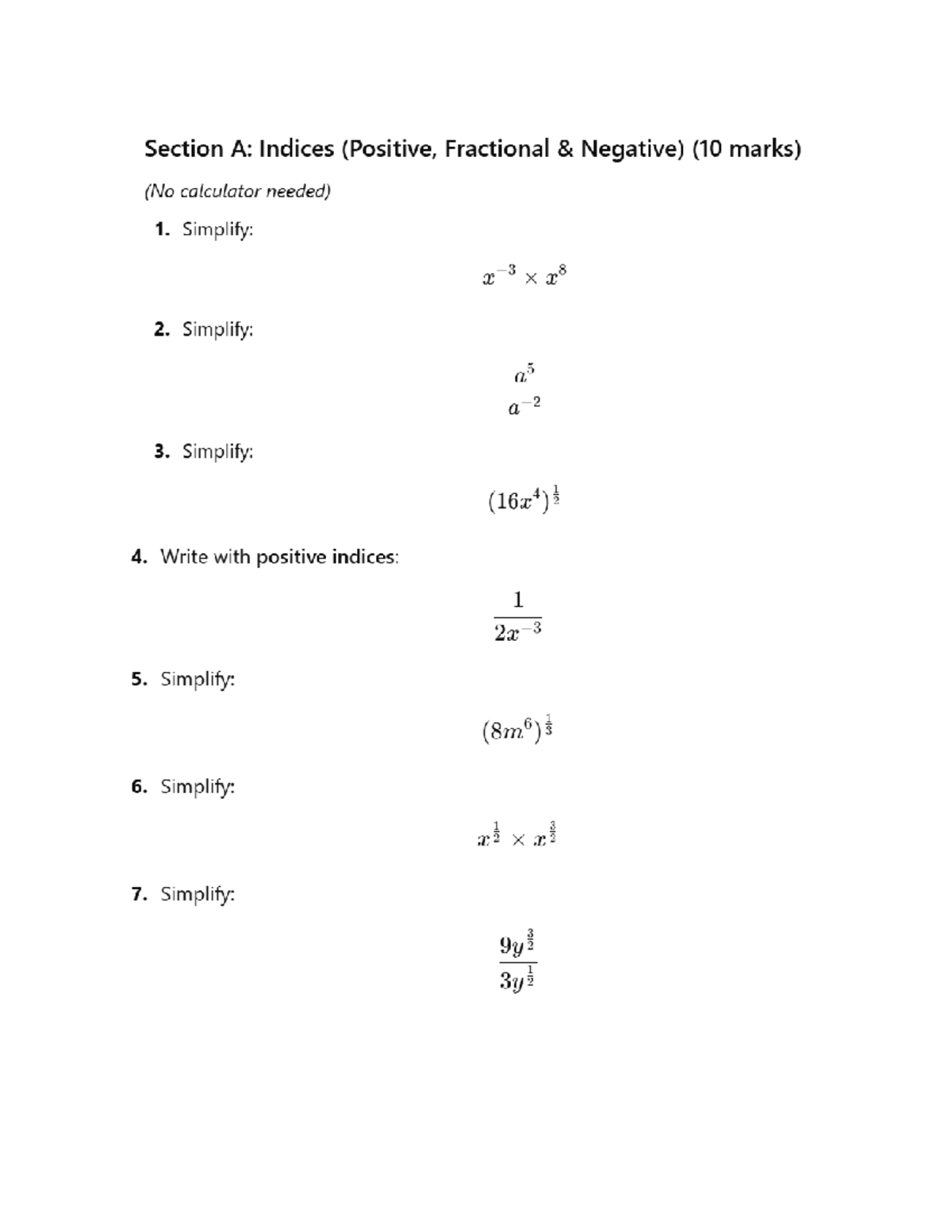 Math Practice Paper: Indices, Expansion, Factorisation & Equations (No ...