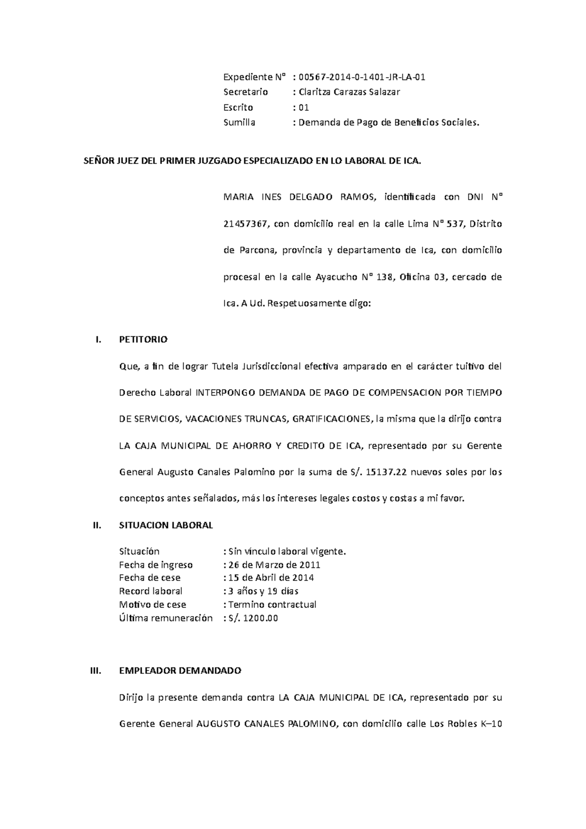 Modelo Demanda de pago de beneficios sociales - Expediente N° : 00567-2014-0-1401-JR-LA ...
