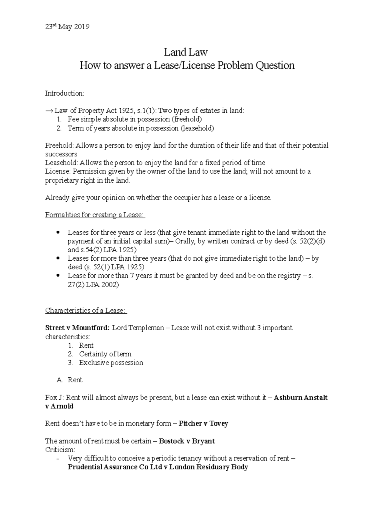 Land Law (LAW101) - Answering Lease vs. License Problem Questions - Studocu