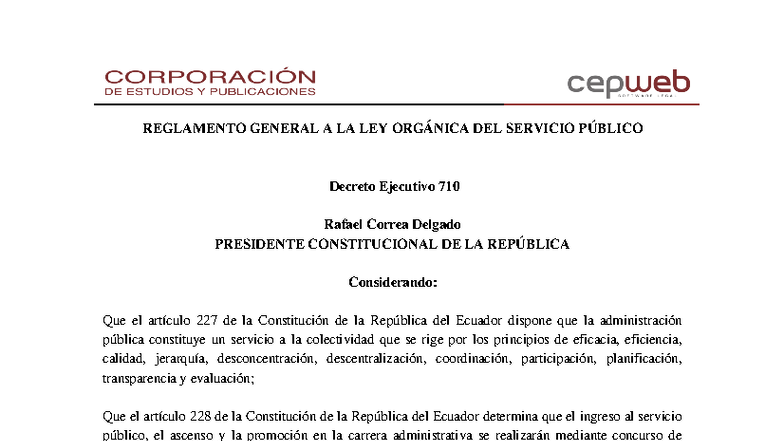 Reglamento General a la Ley Orgánica del Servicio Público - LOSEP - Studocu