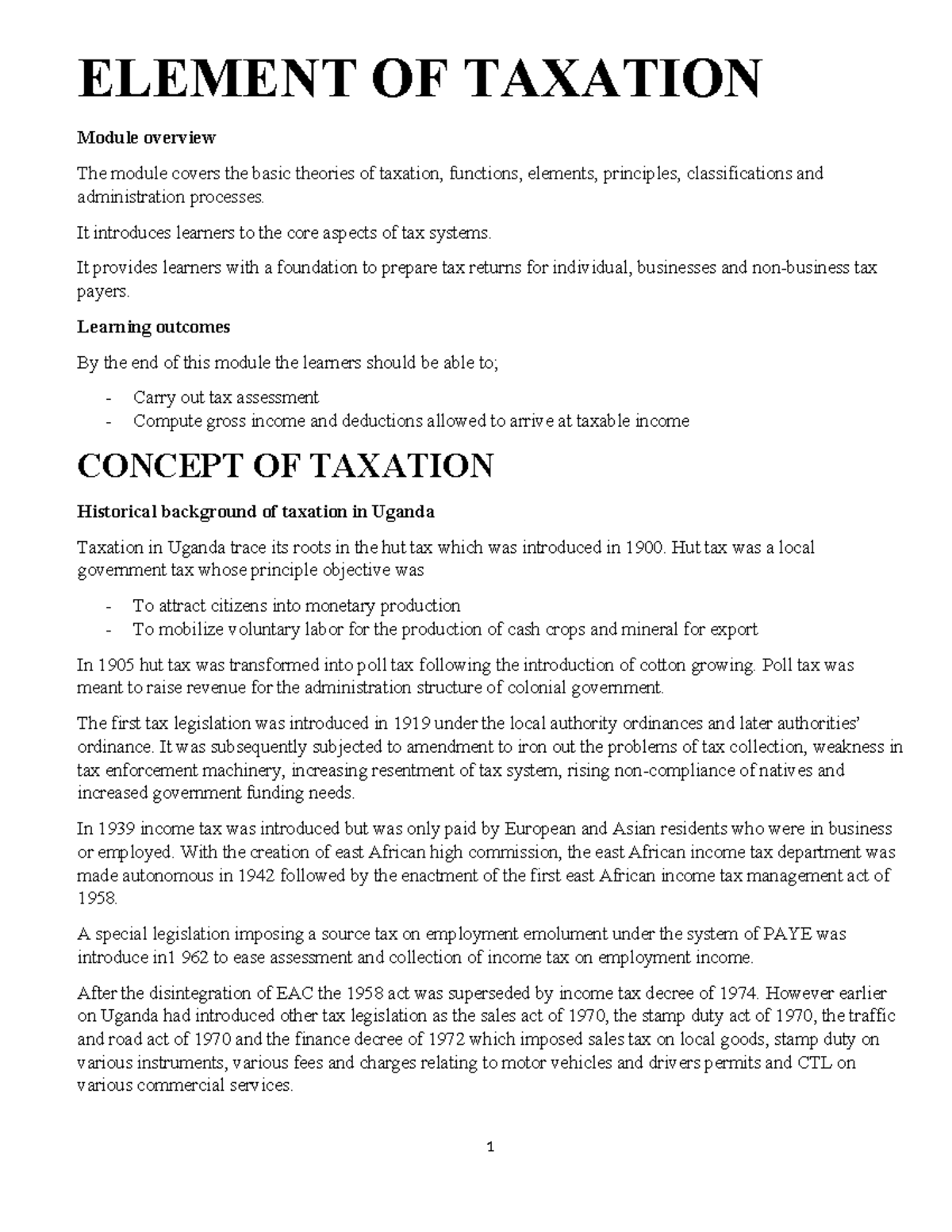 Taxation 2: Elements, Concepts, and Historical Overview - Studocu