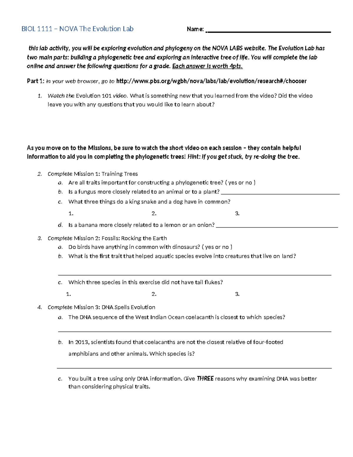 BIOL 1111L Final Exam: Exploring Evolution and Phylogeny Lab - Studocu