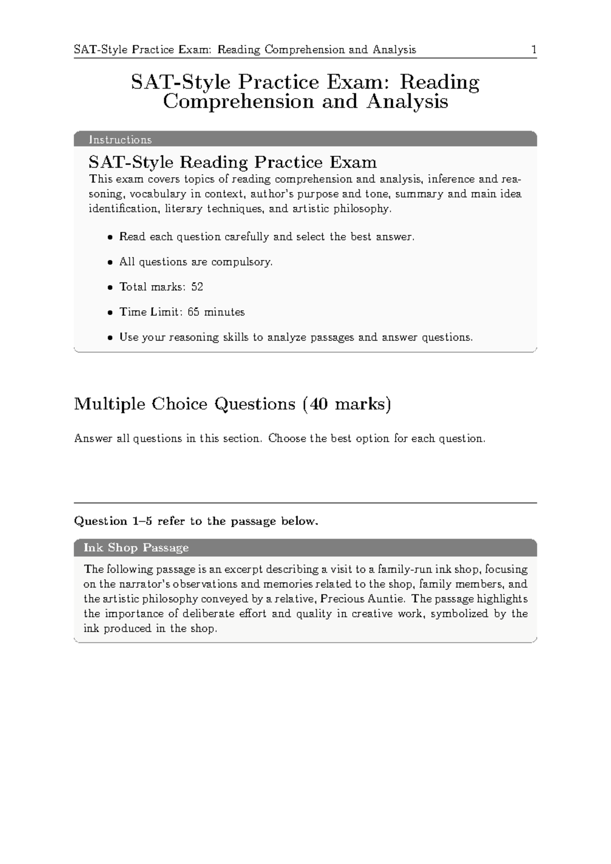 Sat practice test 9 answers - SAT-Style Practice Exam: Reading ...