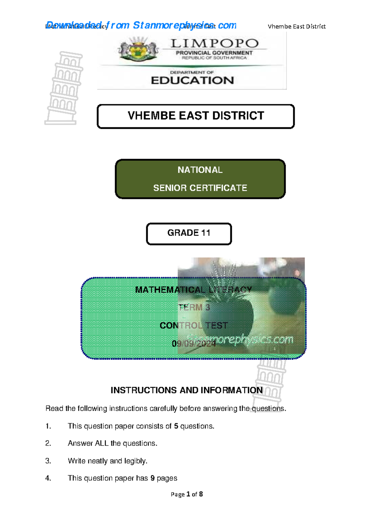 Mathematical Literacy Grade 11 Term 3 Control Test QP & Memo - Vhembe ...
