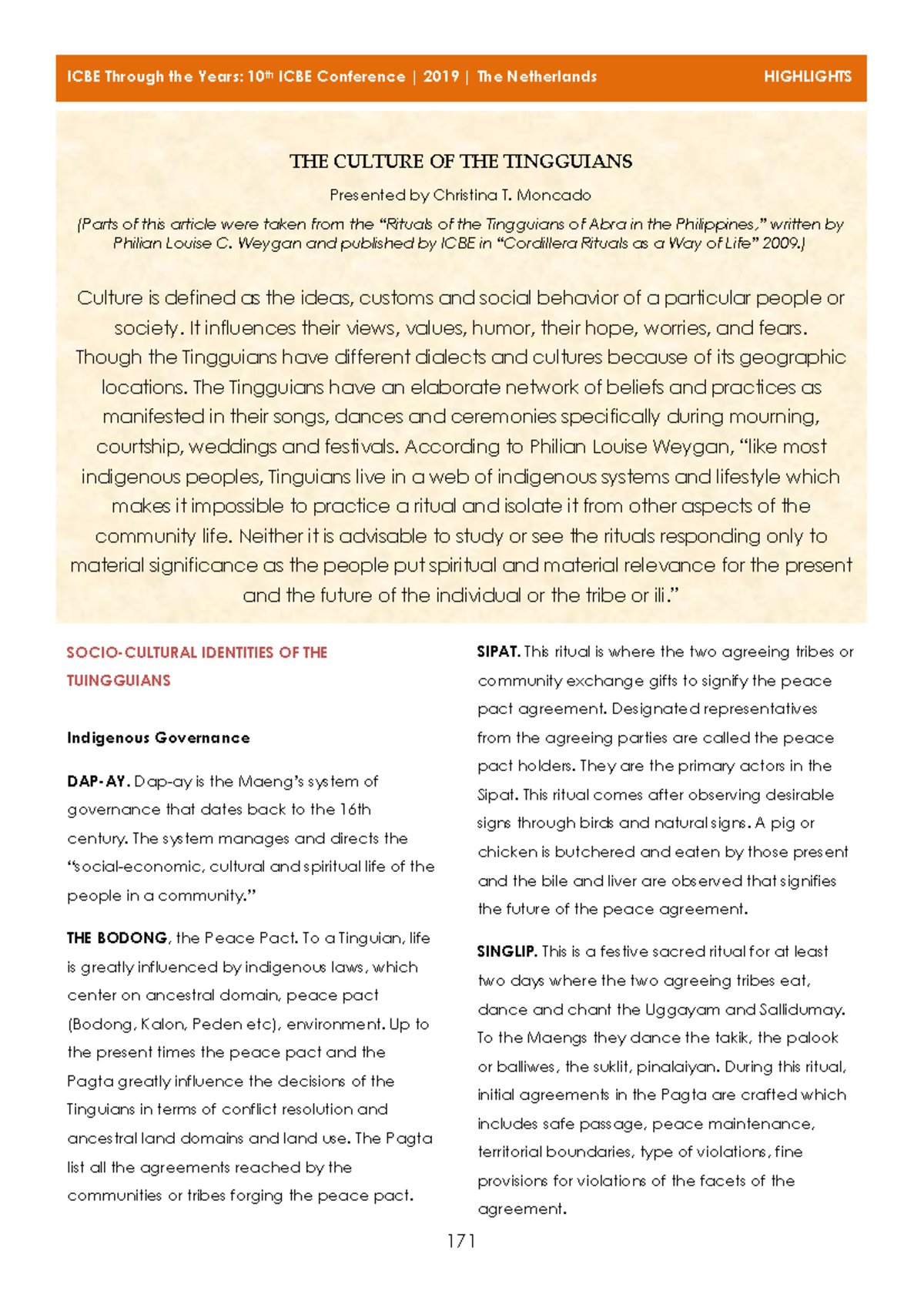 ICBE 2019: Highlights of Tingguian Culture and Rituals in the ...