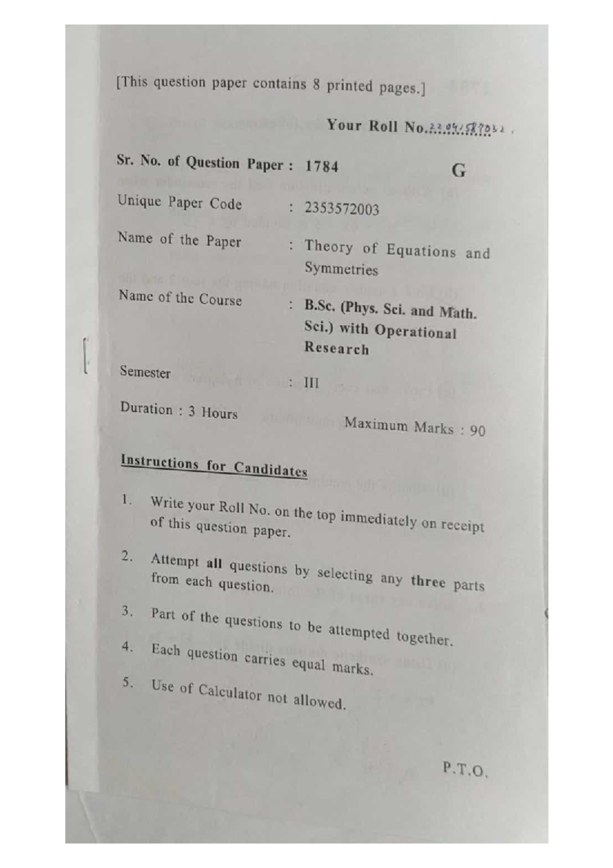 Final Exam Question Paper for Theory of Equations and Symmetries (B.Sci ...