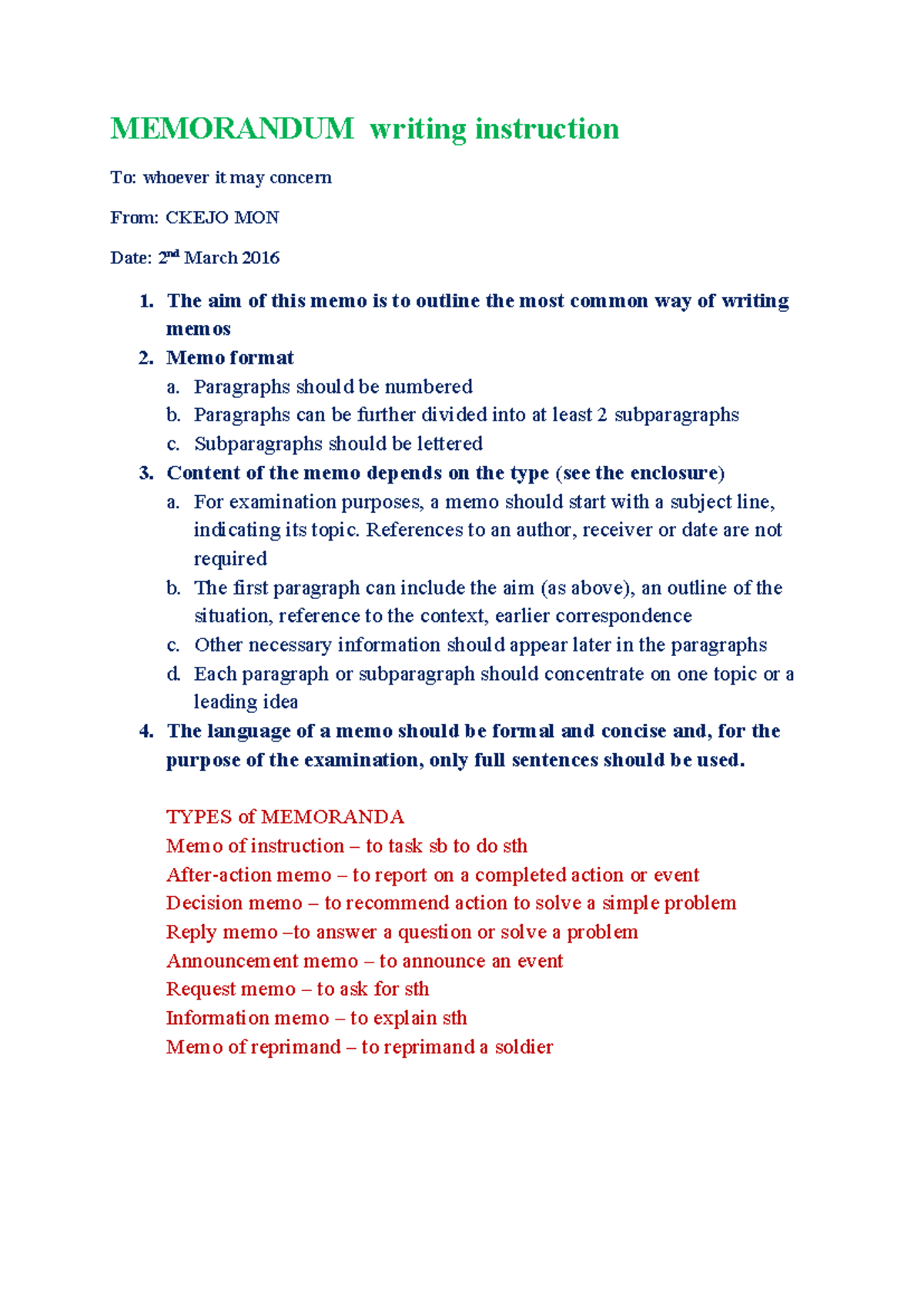 MEMO Writing Instructions for Effective Communication - Studocu