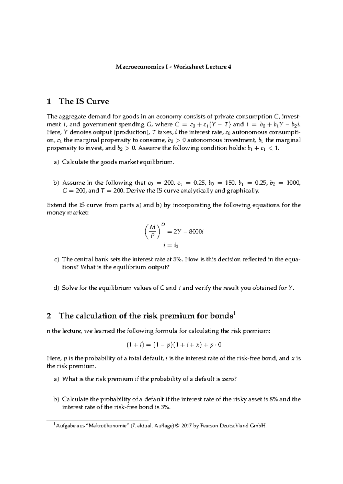 Macroeconomics I Worksheet: Lecture 4 on IS Curve & Risk Premium ...