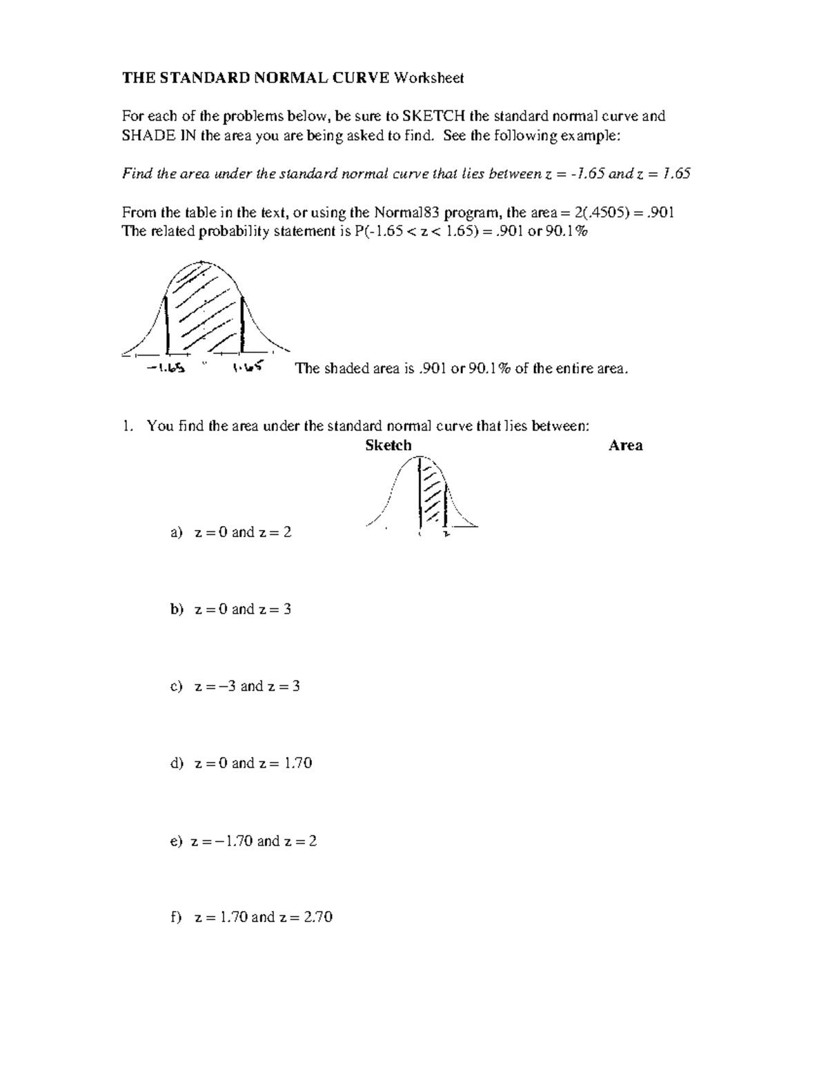 Standard Normal Distribution Activities Worksheet: Sketching Areas ...