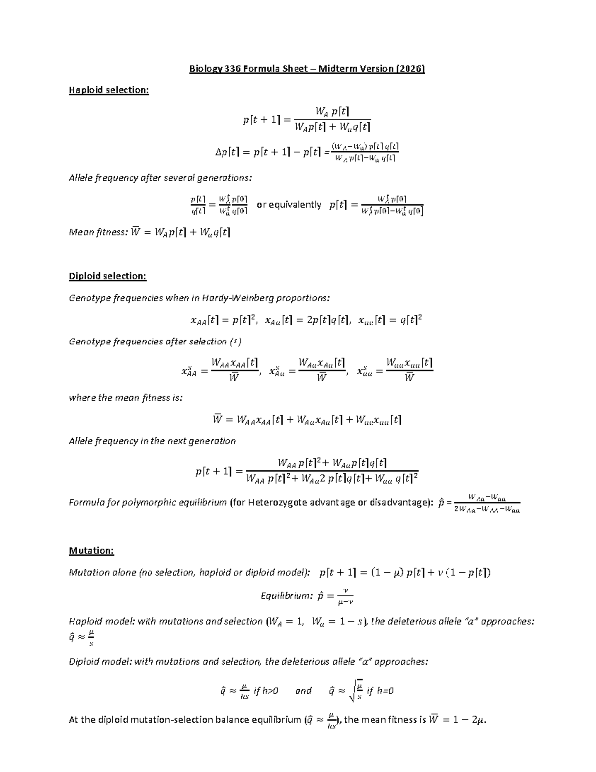 Biology 336 Midterm Formula Sheet (2025) - Key Concepts & Equations ...