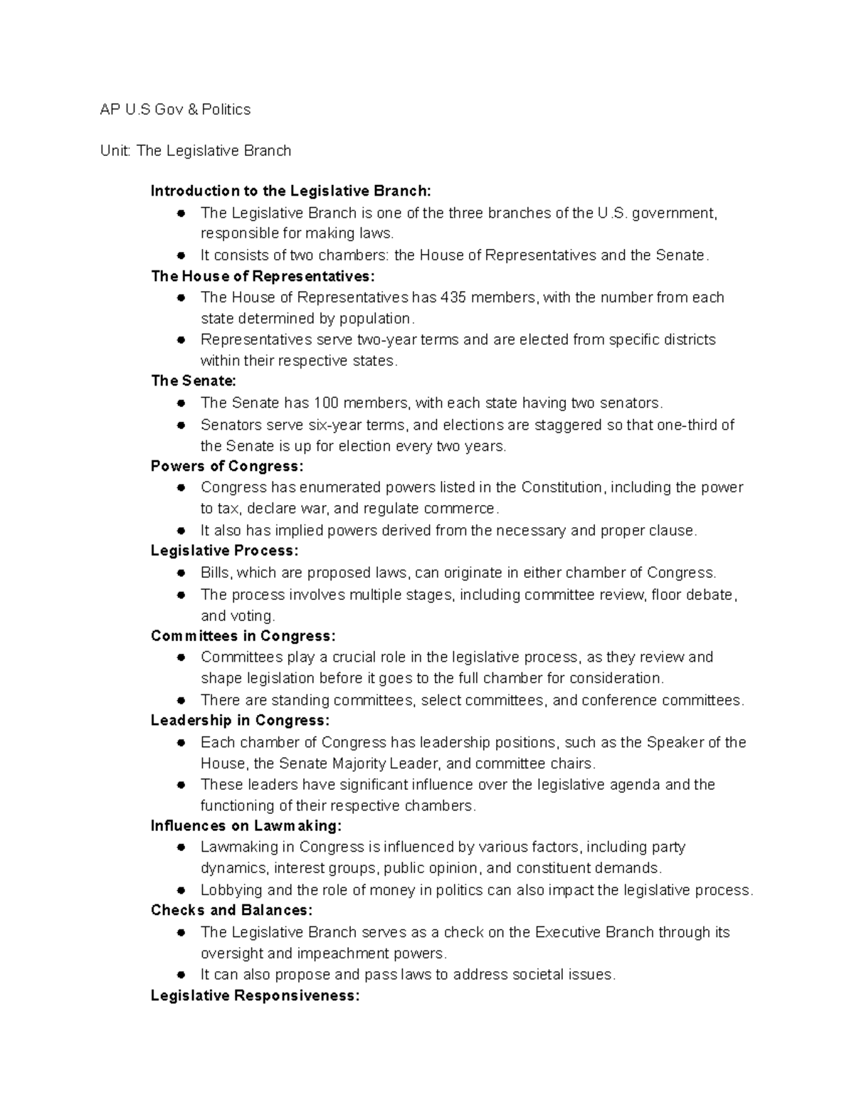 AP Gov Unit: Understanding the Legislative Branch Explained - Studocu