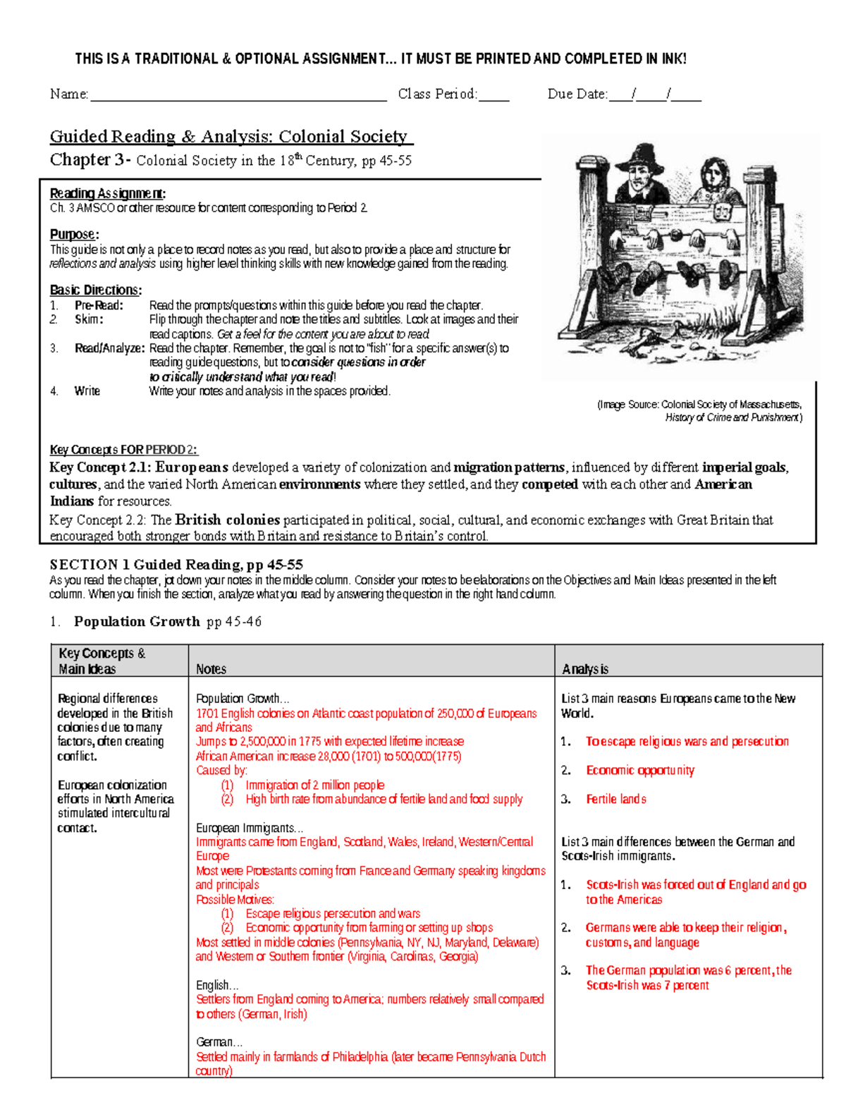 Amsco APUSH Ch 3 Guided Reading & Analysis: Colonial Society Insights ...