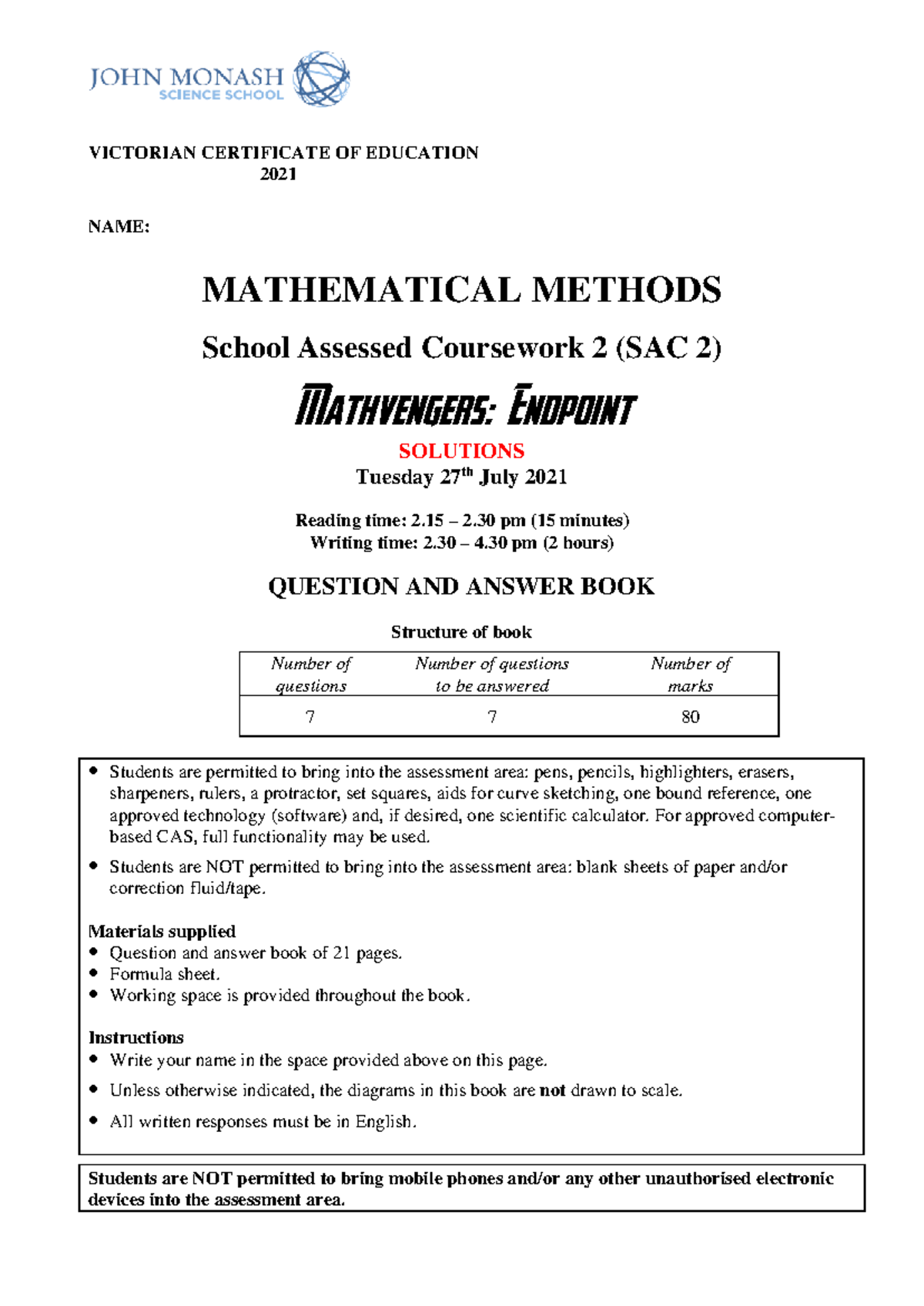 2021 12MMET SAC 2 Solutions: Mathematical Methods Analysis Task - Studocu