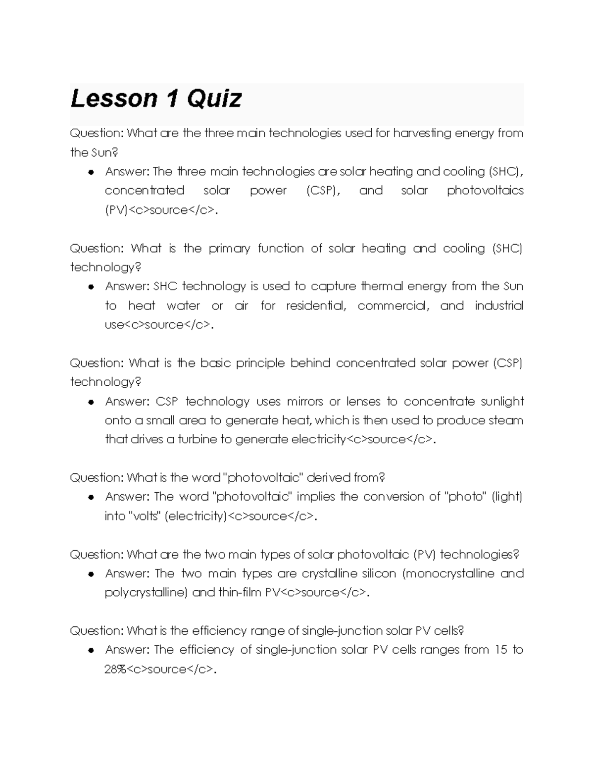 Lesson 1 Quiz: Key Concepts in Solar Energy Technologies - Studocu