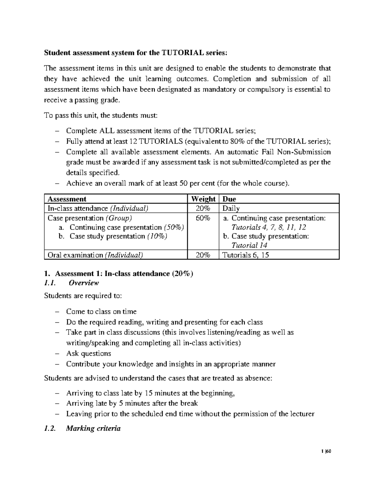 PM Marking criteria for the tutorial series - Student assessment system for the TUTORIAL series ...