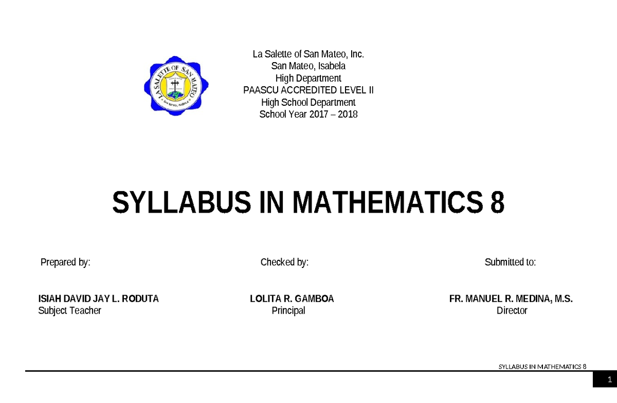 Grade 8 Mathematics Syllabus (SY 2017-2018) - 1st Quarter Overview ...