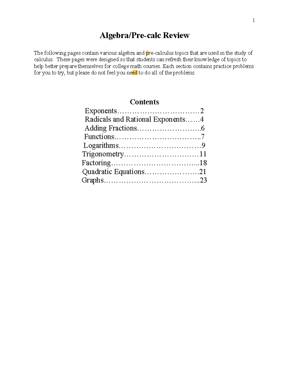 Algebra Precalc Review: Key Concepts and Practice Problems - Studocu
