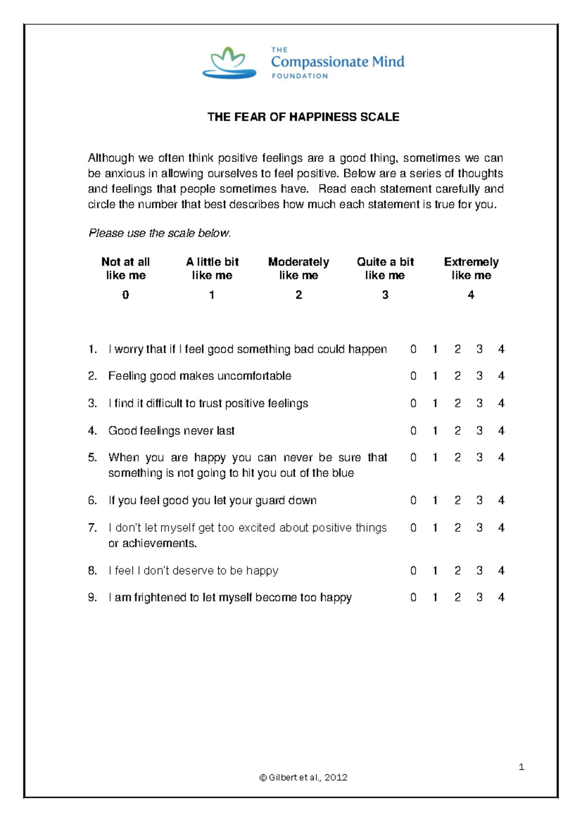 Fear of Happiness Scale Assessment - Studocu