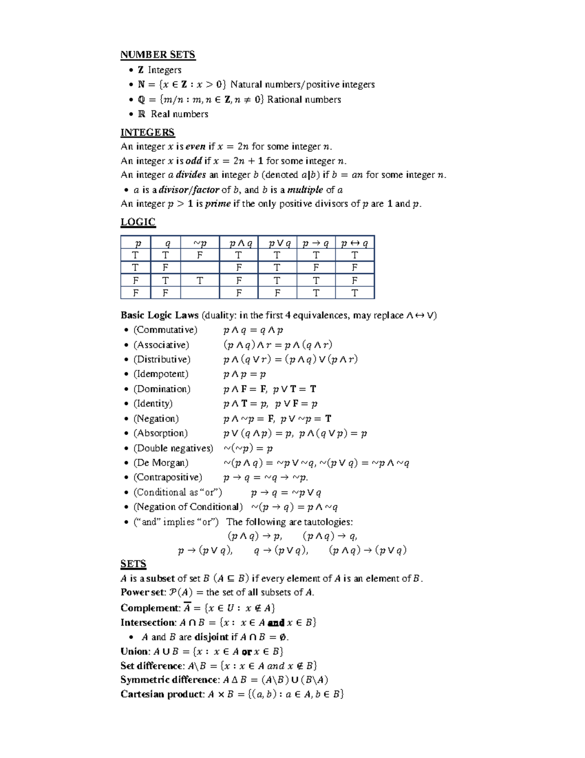 Definitions for Test 1: Number Sets and Logic Concepts - Studocu