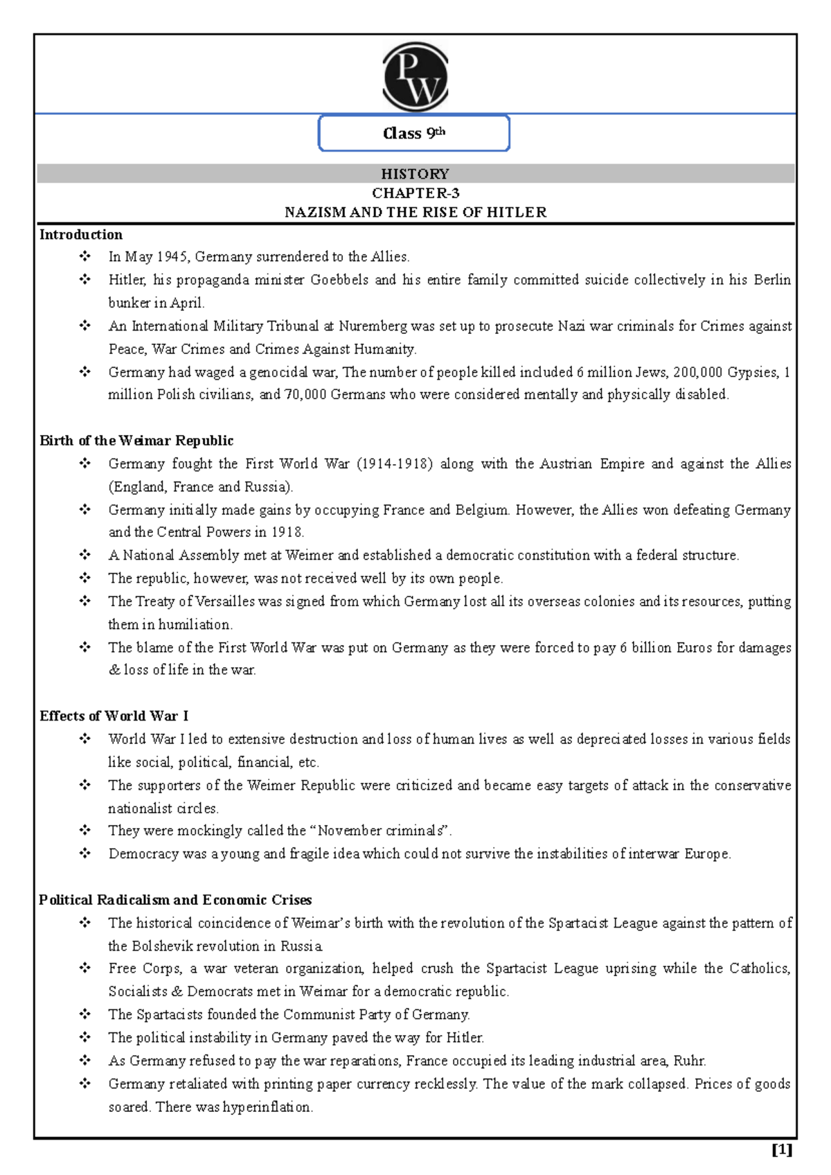 Class 9 HISTORY: Nazism and the Rise of Hitler - Short Notes - Studocu