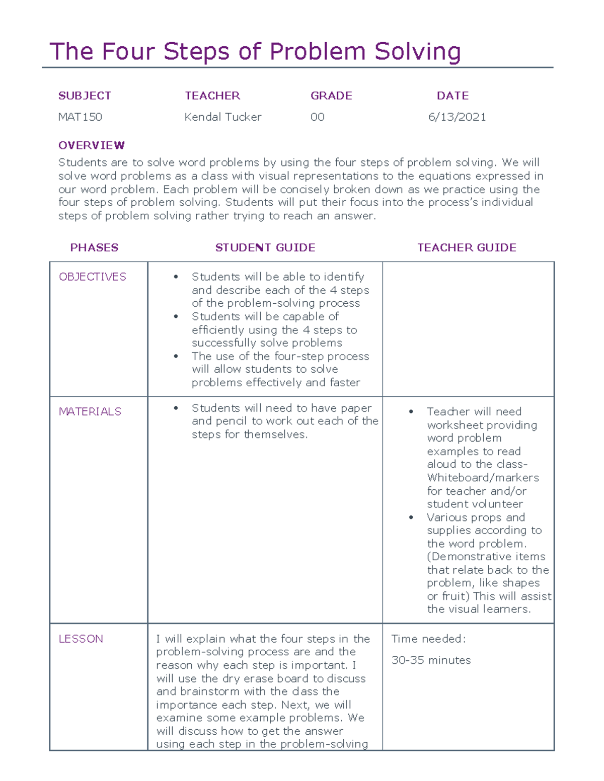 Lesson Plan 1: Mastering the Four Steps of Problem Solving in MAT150 ...