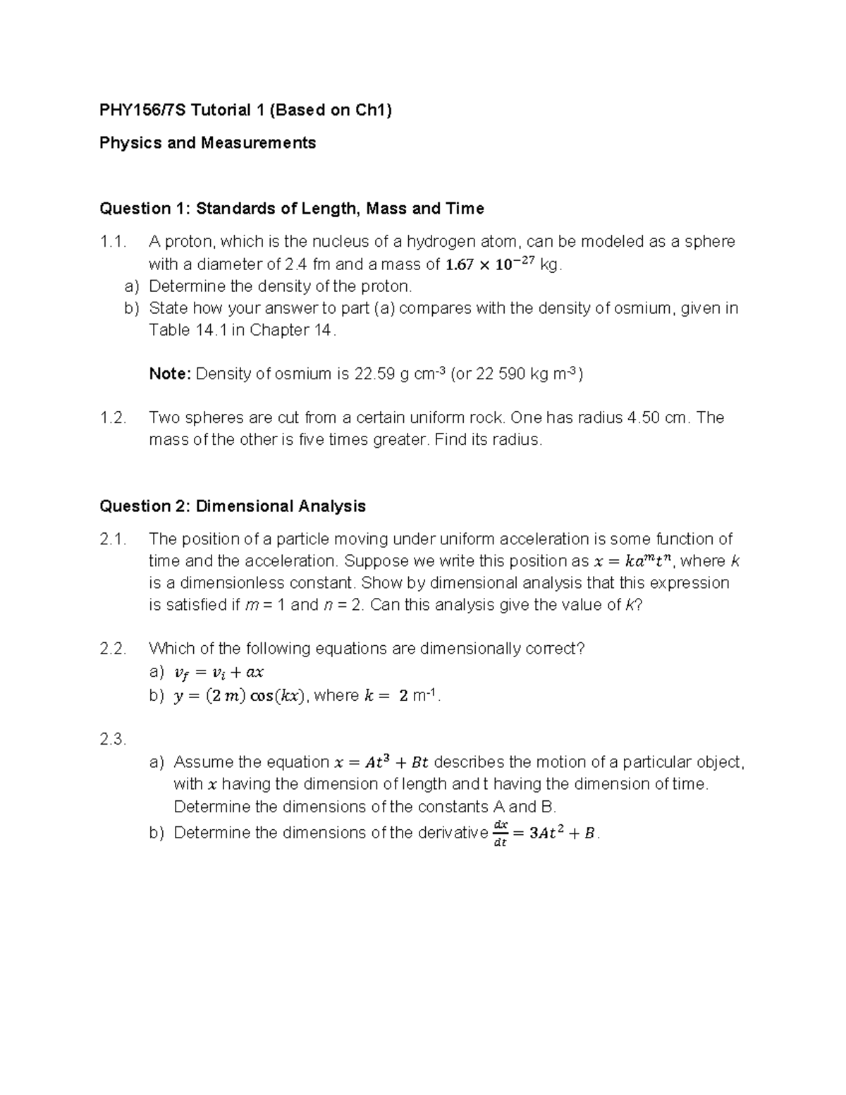 Ch1 Tutorial 1: Physics & Measurements - Density & Dimensional Analysis ...