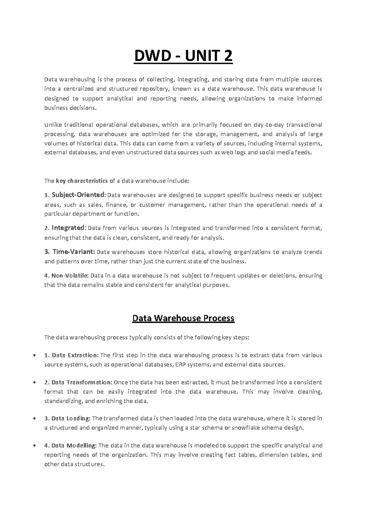 DWD Unit 2 Final Exam Notes: Data Warehousing Concepts & Strategies ...