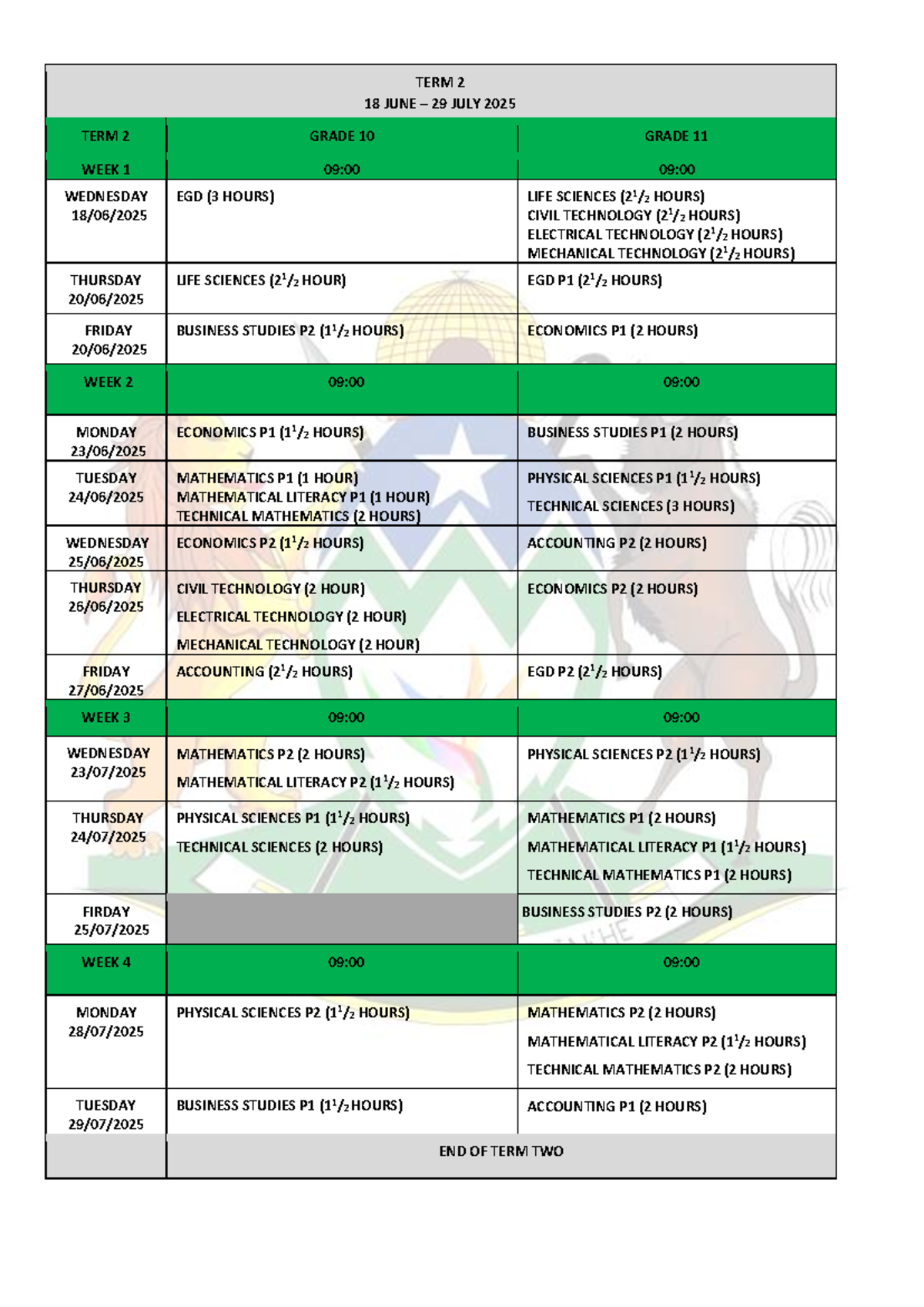 TERM 2 2025 GRADE 10 & 11 AMENDED COMMON TEST TIMETABLE - Studocu