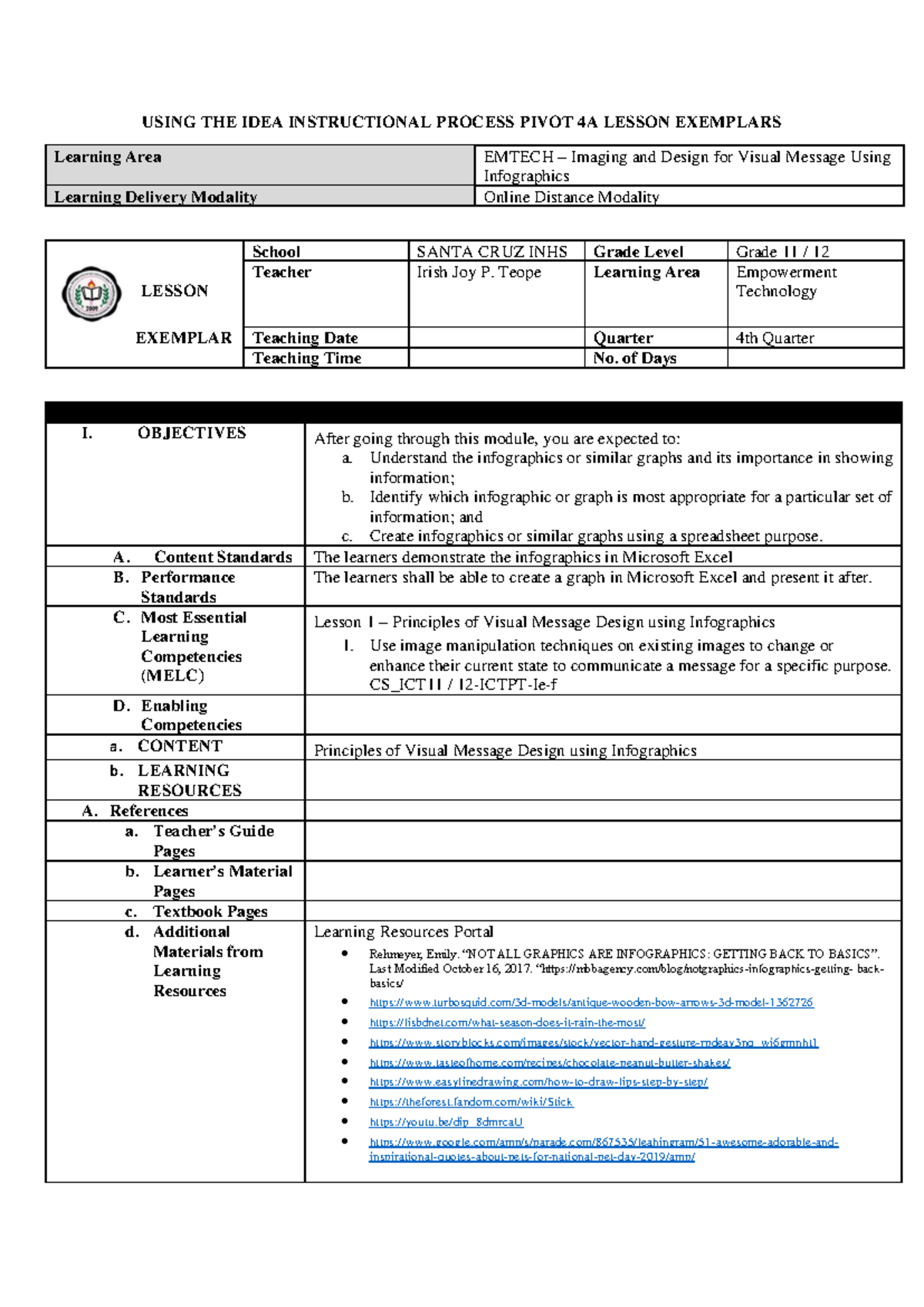 Lesson Plan: Infographics in Empowerment Technology (EMTECH) - Studocu