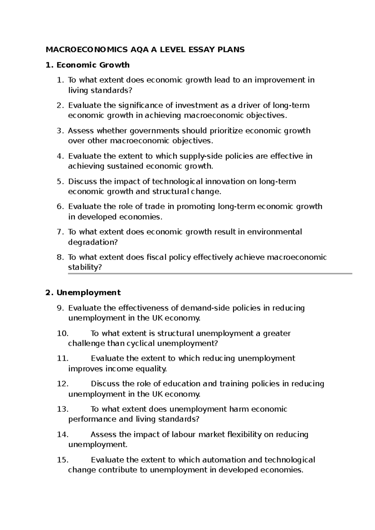 Macroeconomics AQA A Level Essay Plans: Economic Growth, Unemployment ...