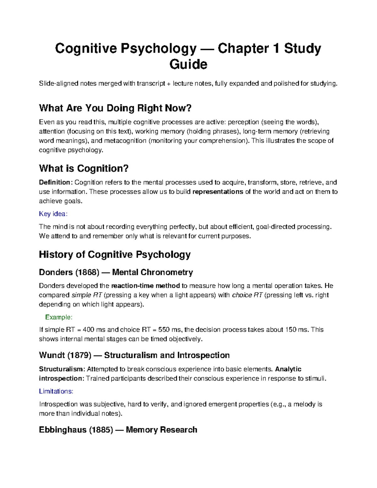 Chapter 1 Cognitive Psychology Study Guide Lecture Notes Studocu