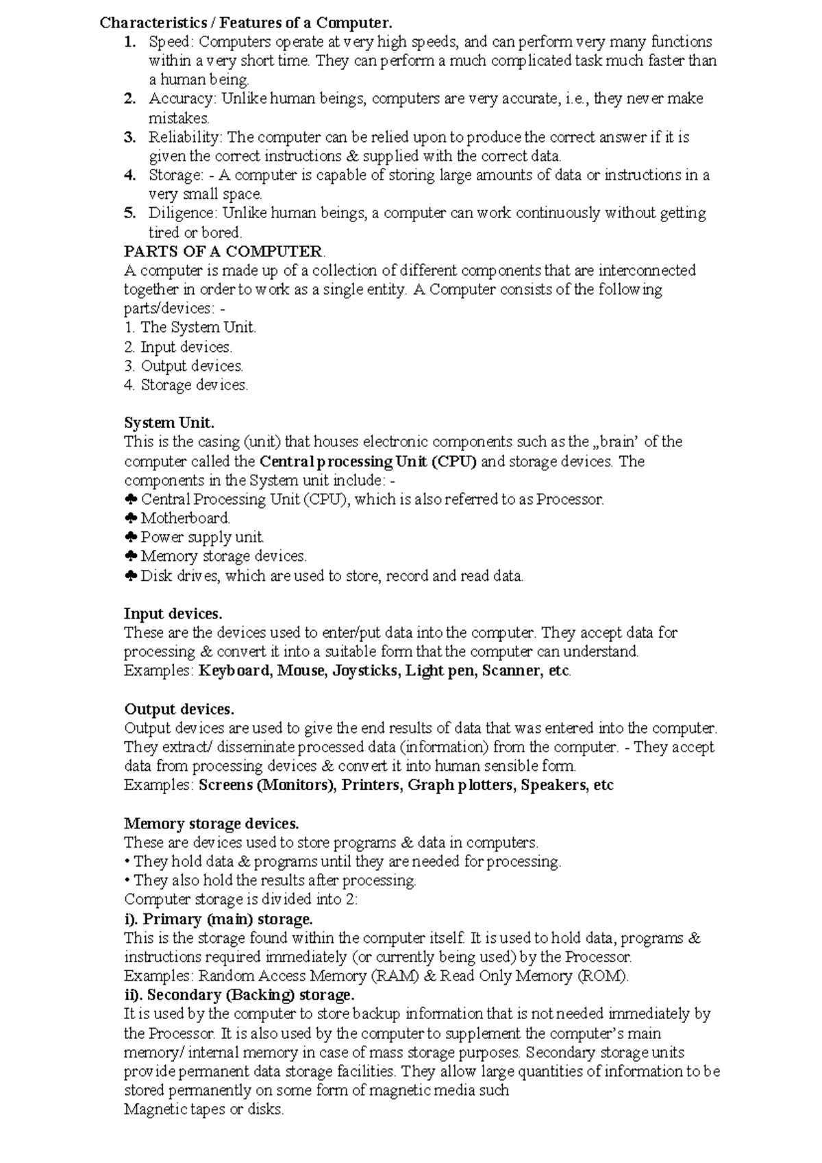 Comp notes - basic computer applications - Characteristics / Features ...