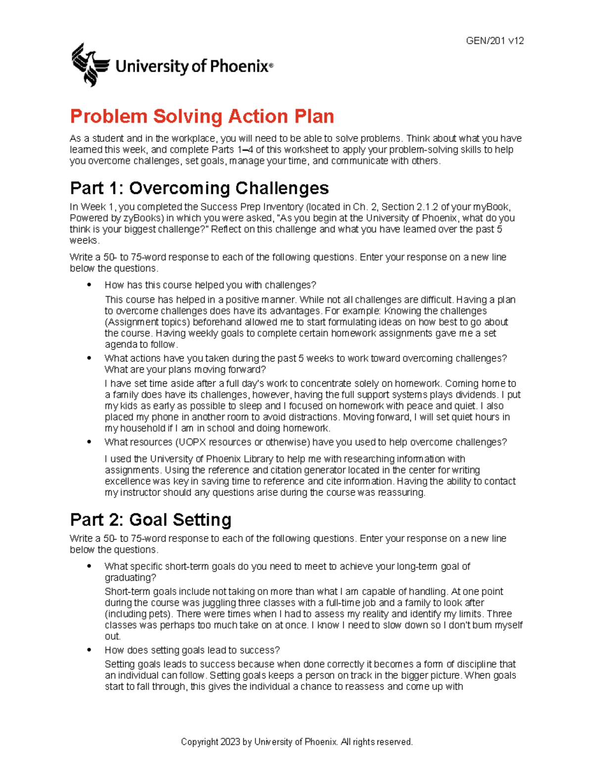 GEN 201 Week 5 Problem Solving Action Plan Overview and Reflections - Studocu