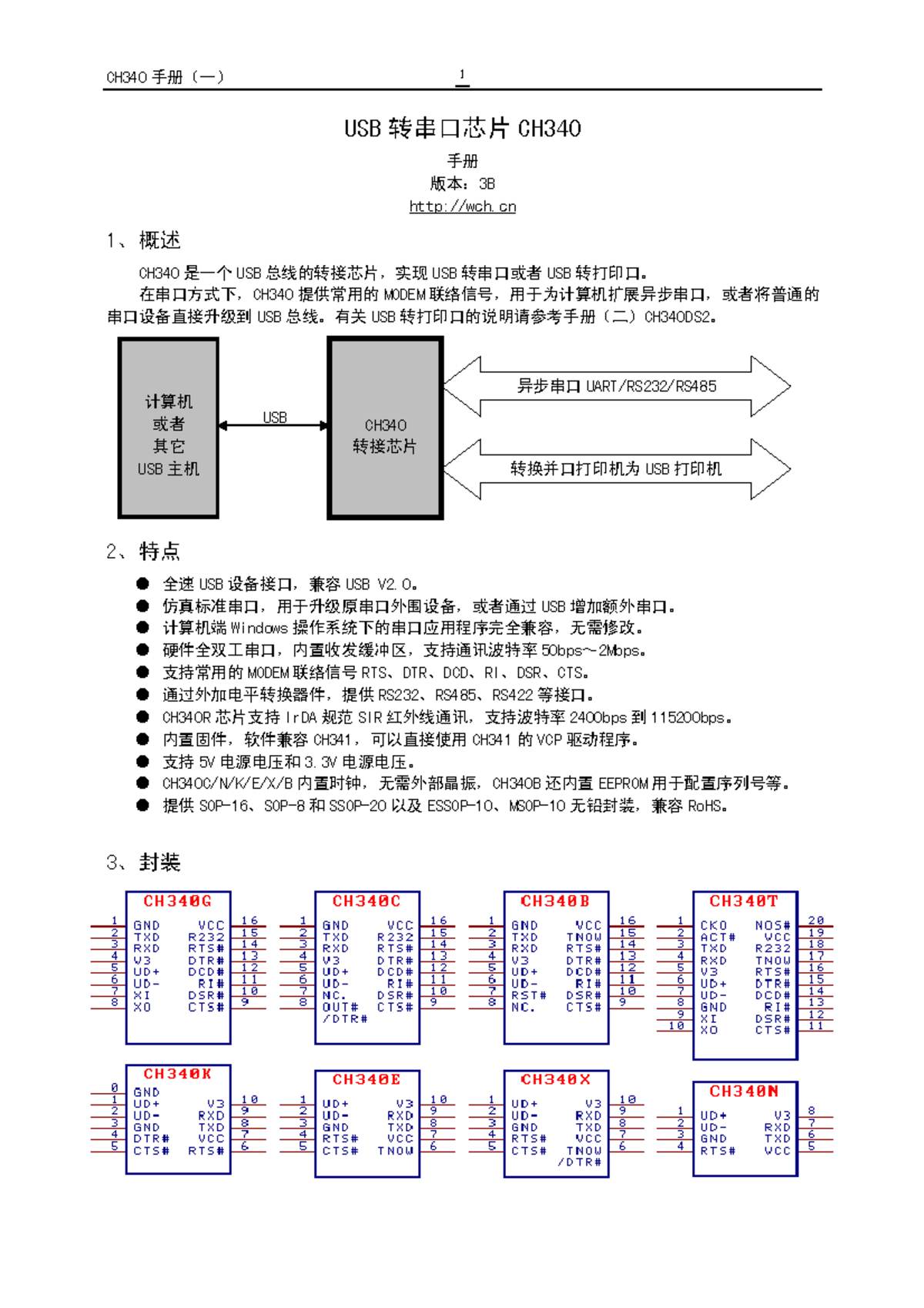 CH340 - Informacion CH - CH340 手册（一） 1 USB 转串口芯片 CH 手册 版本：3B wch 1 、概述 ...