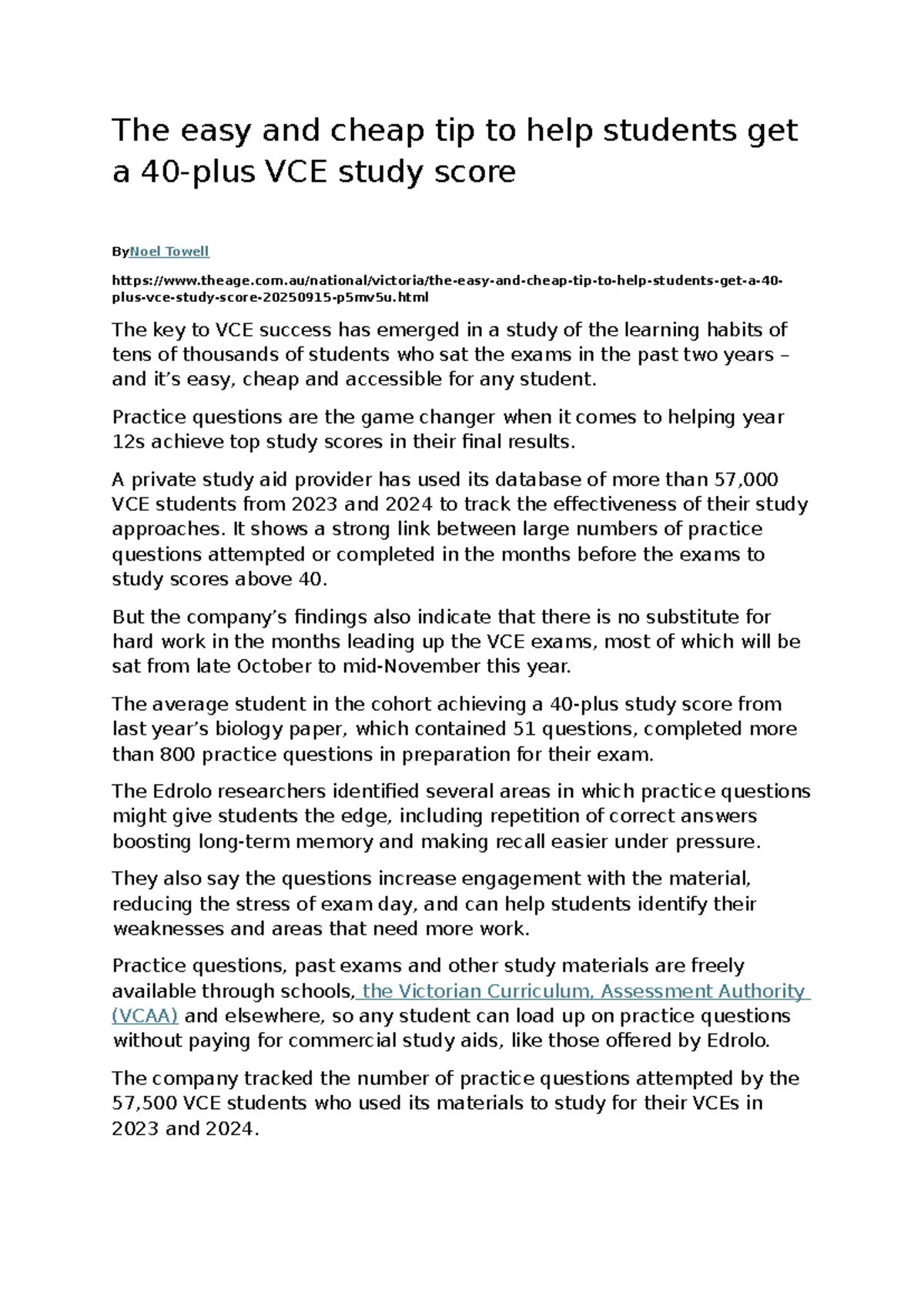 VCE Study Tips: Impact of Practice Questions on Scores - Studocu