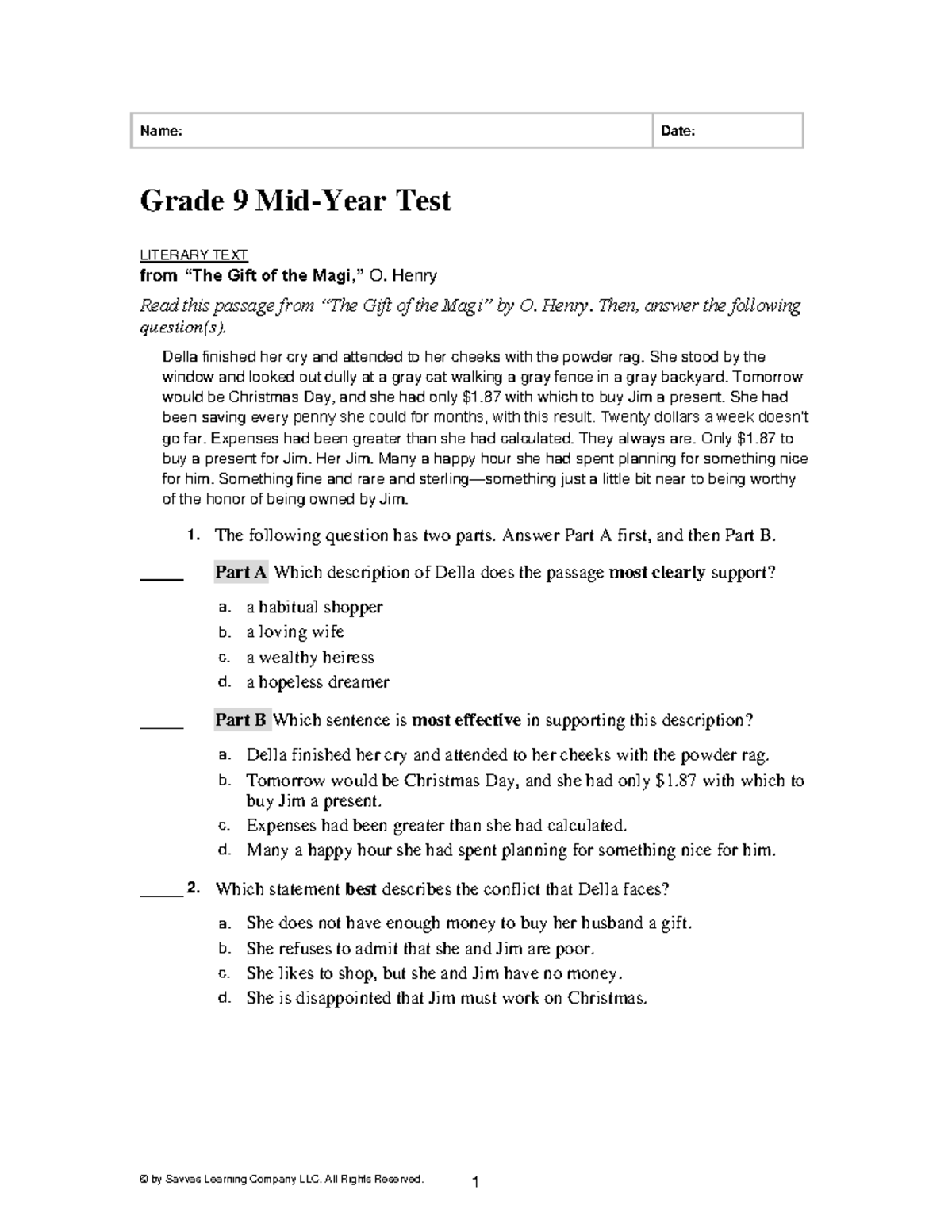 Grade 9 Mid-Year Test - Literary and Informational Texts Analysis ...