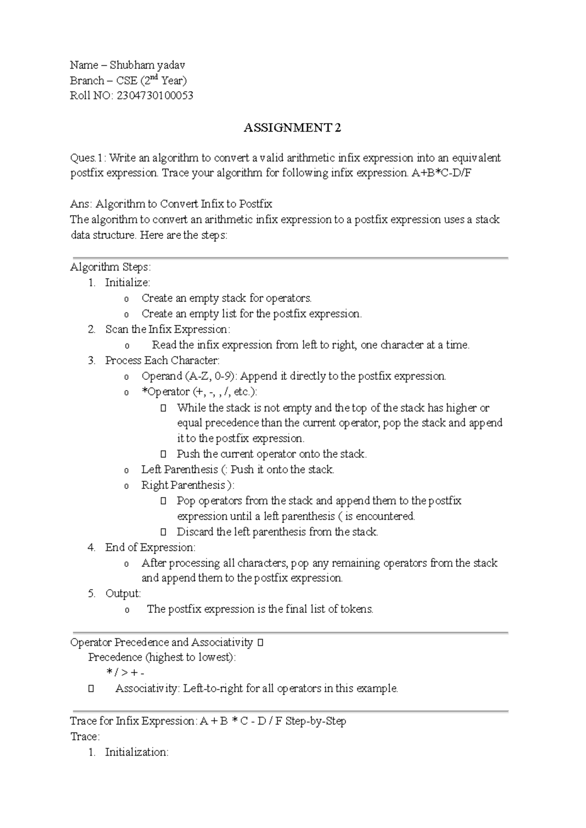 CSE 2nd Year Assignment 2: Infix to Postfix Conversion & Linked Lists ...
