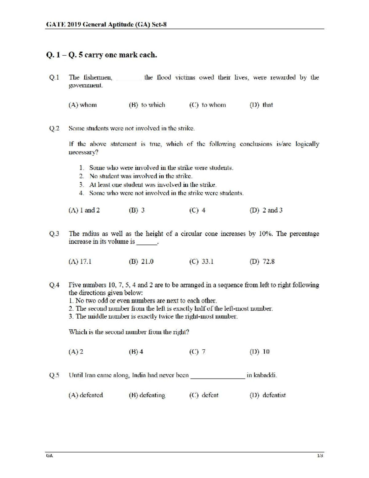 GATE 2019 General Aptitude (GA) & Mathematics Question Paper - Studocu