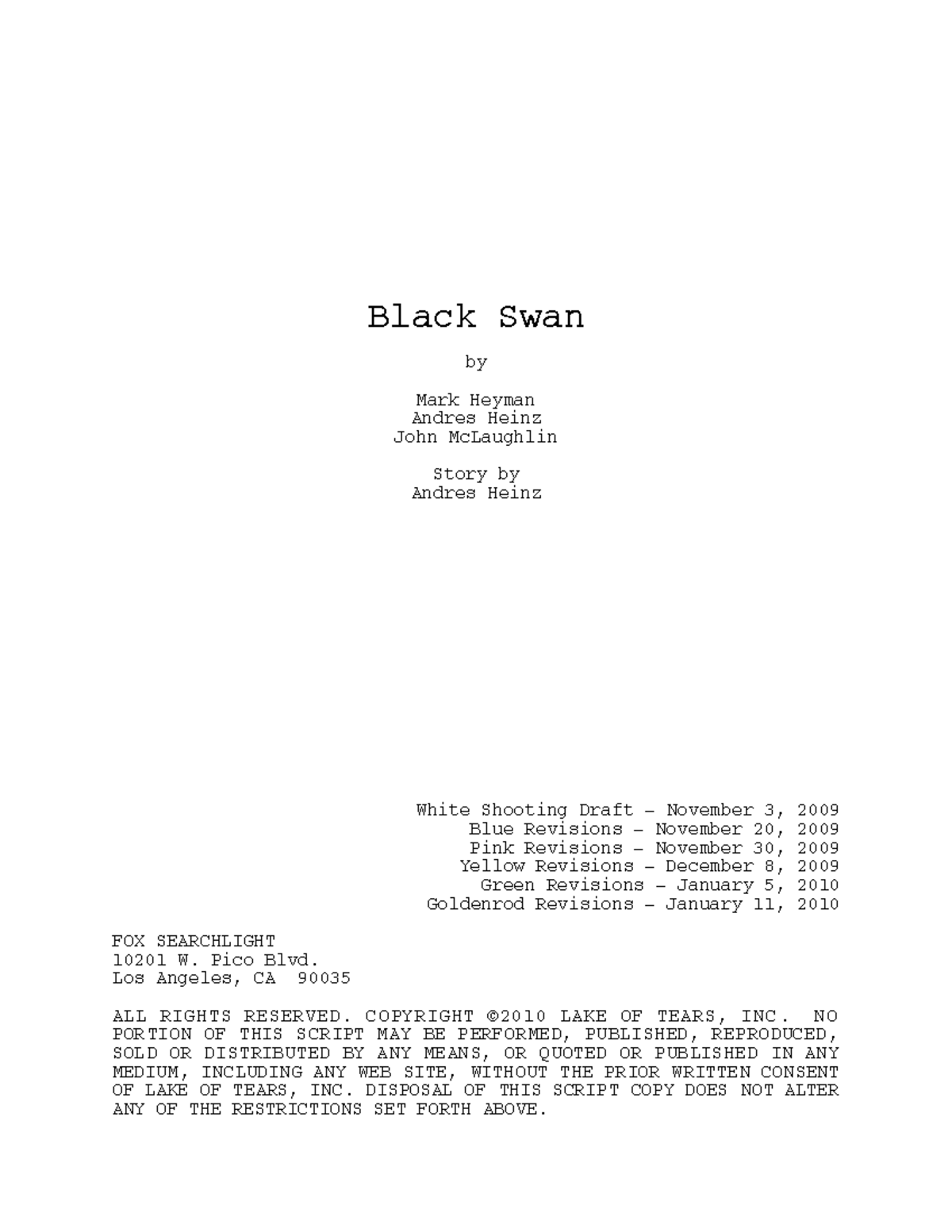 Black Swan Script Draft - Initial Cut Revisions - Studocu