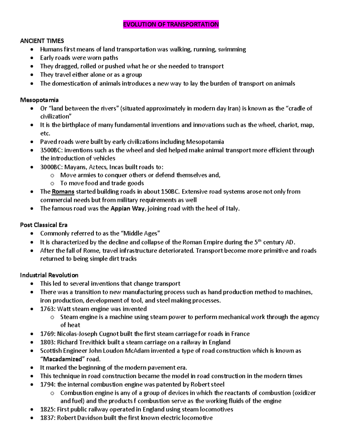 Evolution of Land Transportation - EVOLUTION OF TRANSPORTATION ANCIENT ...