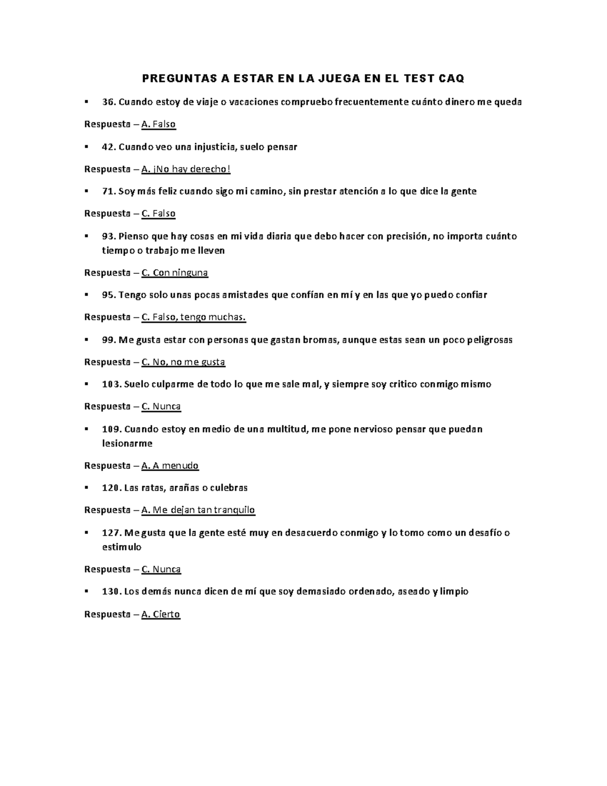 Preguntas del Test CAQ 36: Respuestas y Reflexiones - Studocu