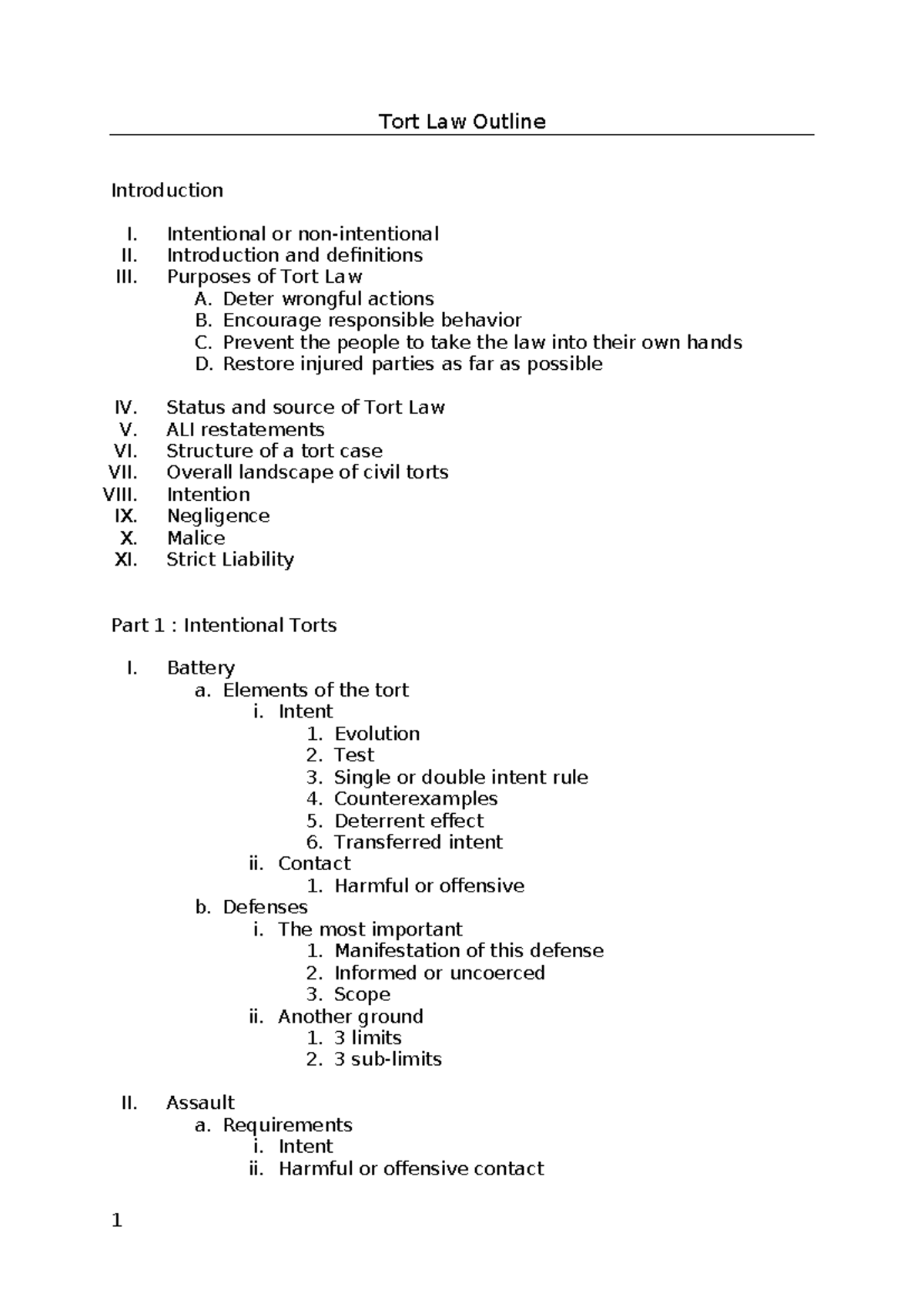 Tort Law Plan propre - Plan tort law - Tort Law Outline Introduction I ...